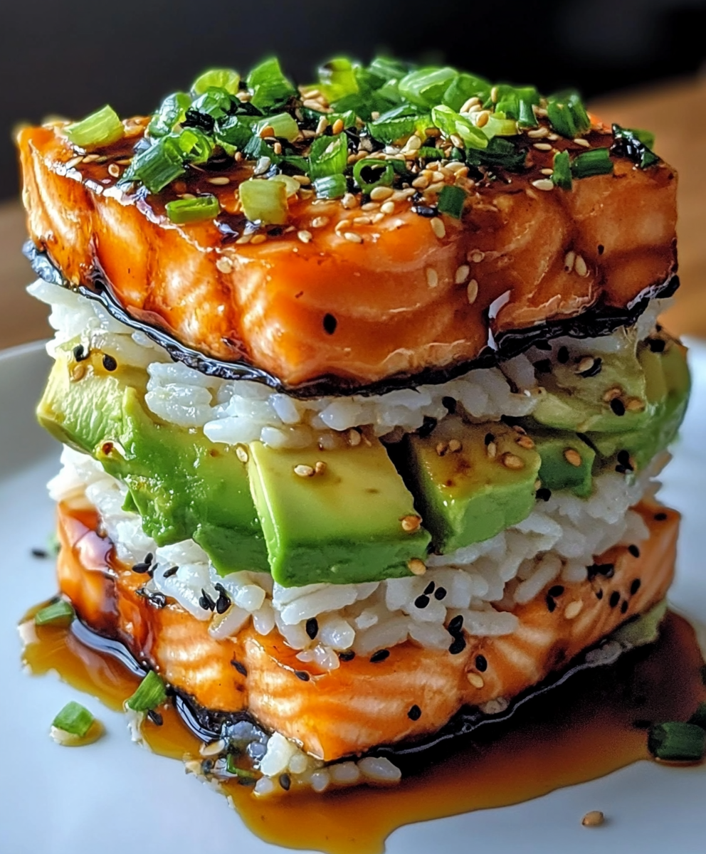 Teriyaki Salmon Avocado Rice Stack
