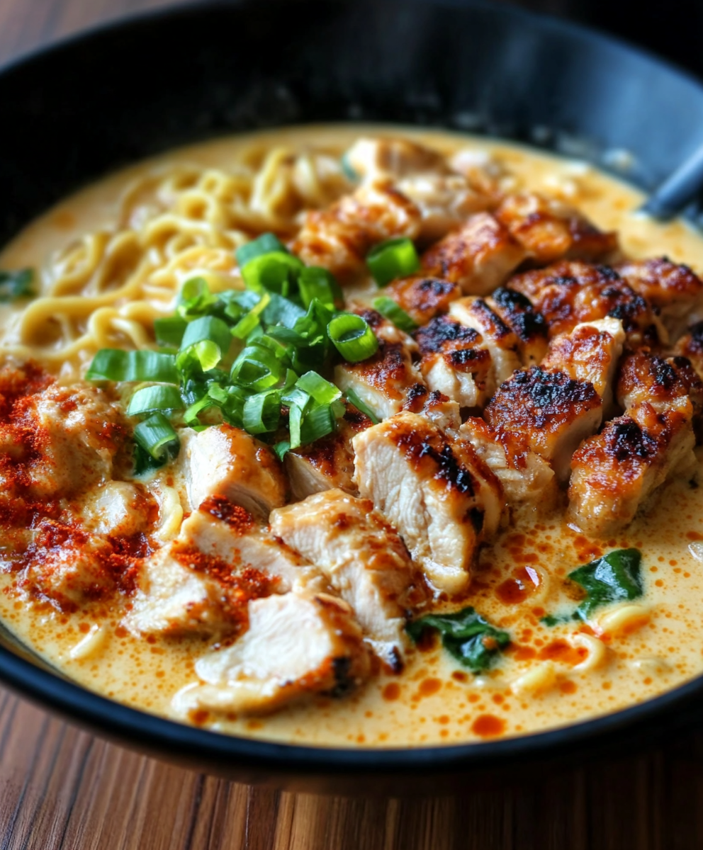 Fiery Chicken Ramen with Creamy Garlic Sauce